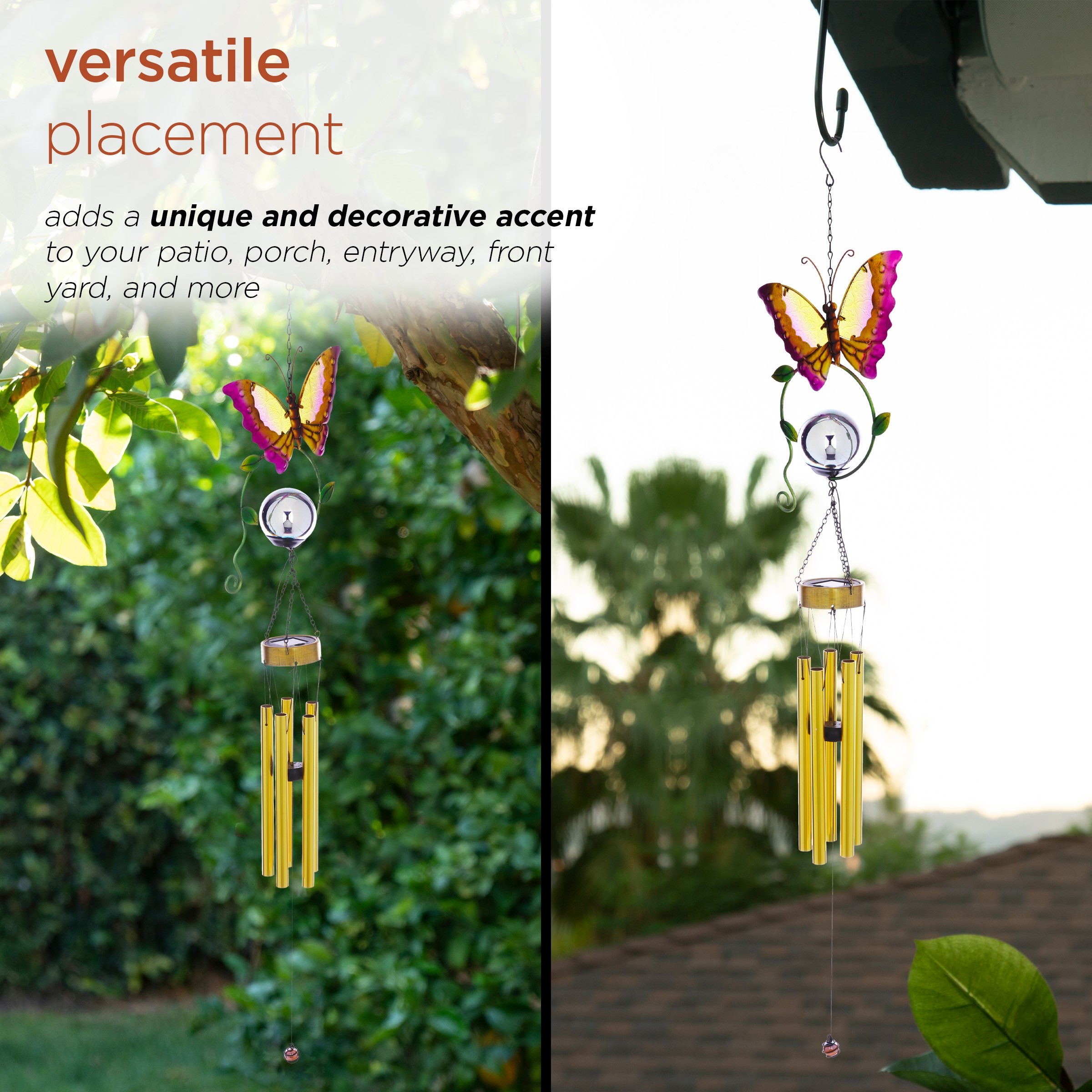 Solar Orange Butterfly Wind Chime with LED Lights