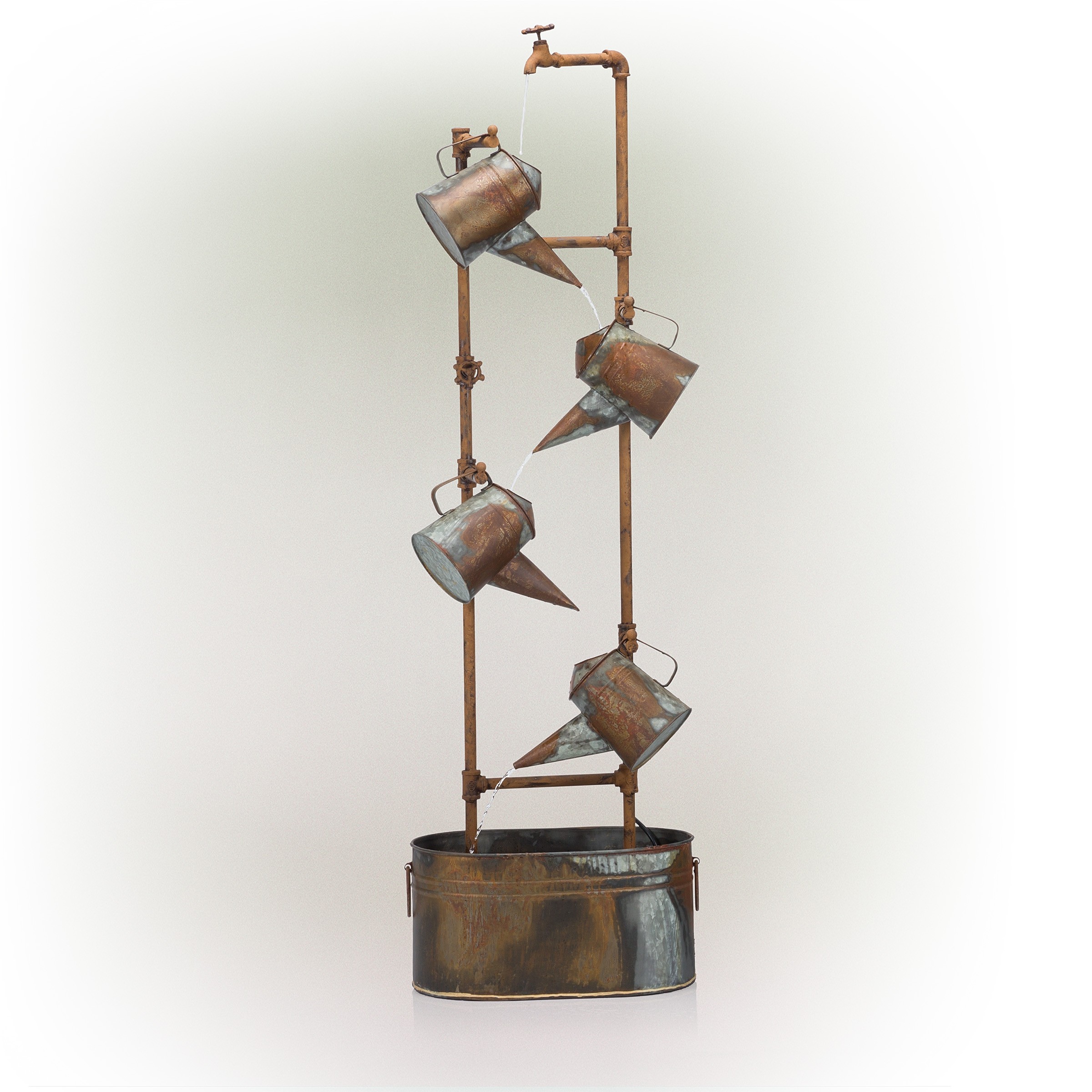 Rustic Metal Water Spout and Watering Cans Fountain